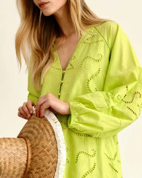 CARTOLINA Selwin Eyelet Mini Dress - Chartruese