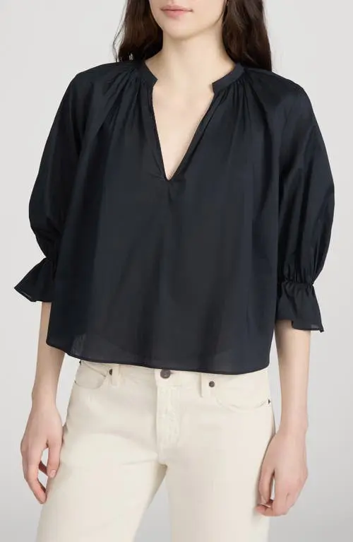 FRAME The Poet Ruffle Sleeve Cotton Top - Navy