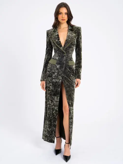 MISS CIRCLE Willow Glossy Stretch Velvet High Slit Blazer Coat - Green
