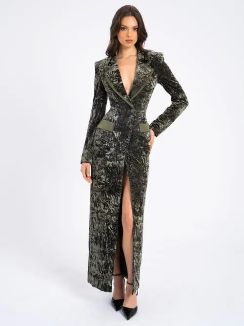 MISS CIRCLE NEW YORK Willow Glossy Stretch Velvet High Slit Blazer Gown