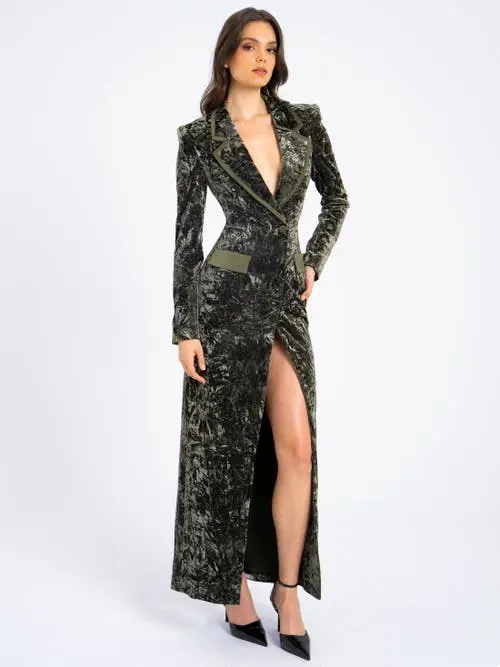 MISS CIRCLE NEW YORK Willow Glossy Stretch Velvet High Slit Blazer Gown