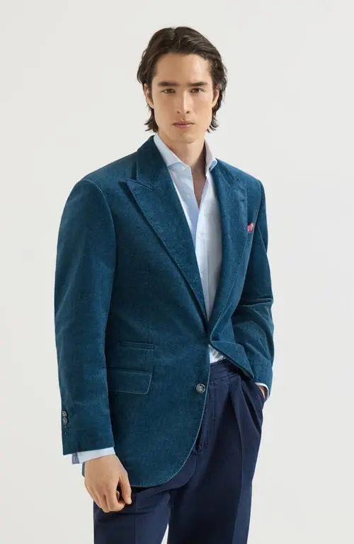 Brunello Cucinelli Effect Cotton Velvet Tailor Blazer With Peak Lapels - Denim