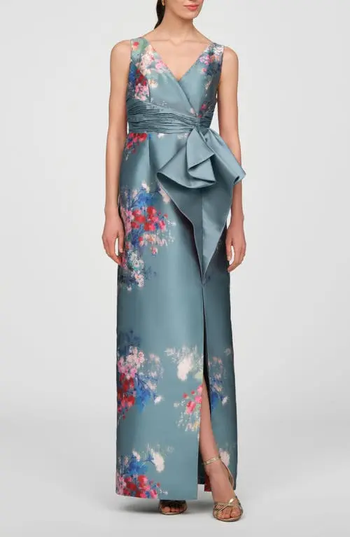 KAY UNGER Kathleen Placed Floral Mikado Column Gown - Cyan Multi