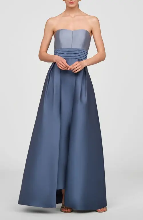 KAY UNGER Trina Strapless Two Tone Mikado Walk Thru Gown - Chambray Multi