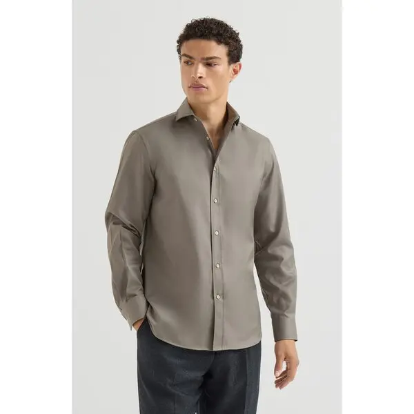 Brunello Cucinelli Garment-dyed Twill Shirt With Spread Collar - Brown