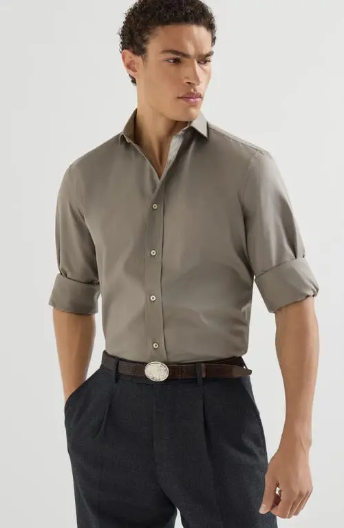 Brunello Cucinelli Garment-dyed Twill Shirt With Spread Collar - Brown