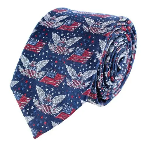 Trafalgar Legacy Soars Silk Bald Eagle & American Flag Neck Tie - Navy Blue