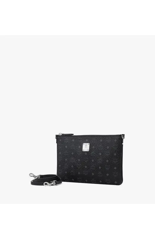 Mcm Visetos Monogram Canvas Pouch With Leather Crossbody Strap - Black