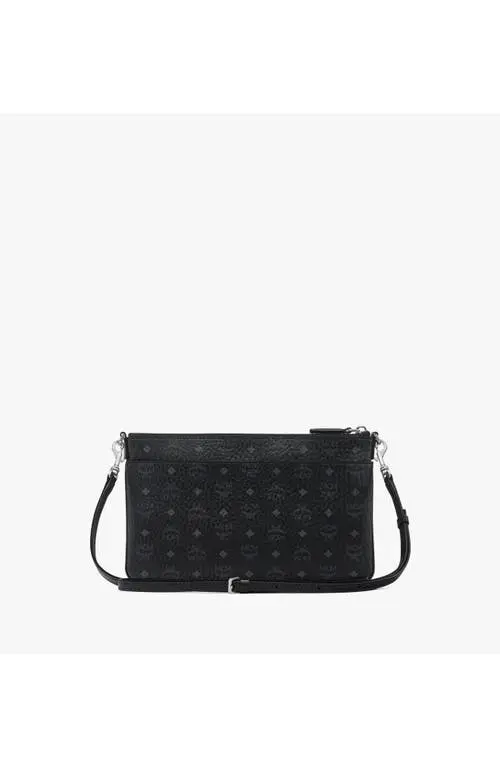 Mcm Visetos Monogram Canvas Pouch With Leather Crossbody Strap - Black