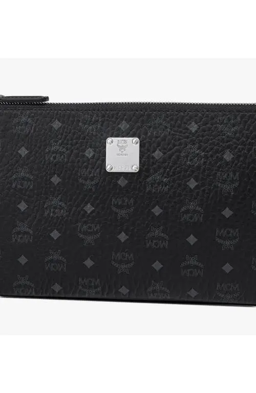 Mcm Visetos Monogram Canvas Pouch With Leather Crossbody Strap - Black