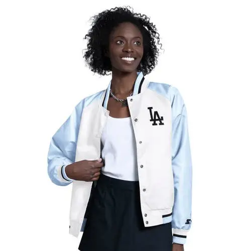 STARTER White Los Angeles Dodgers Blitz Varsity Raglan Full-snap Satin Jacket - Light Blue