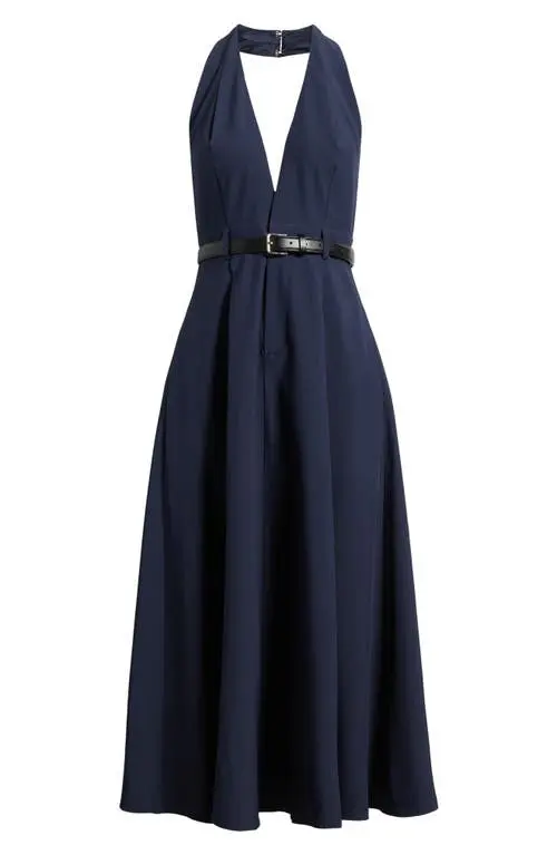 FREEMARKET Plunge Halter Neck Belted Midi Dress