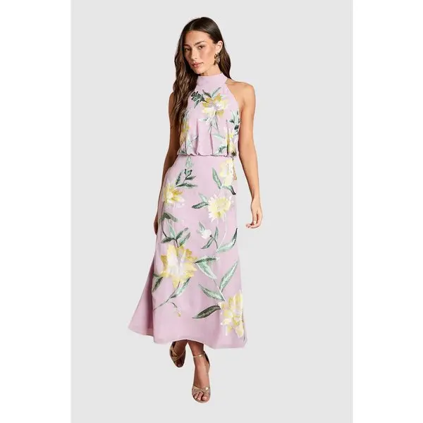 Coast Floral Embroidered High Neck Midi Dress - Lilac