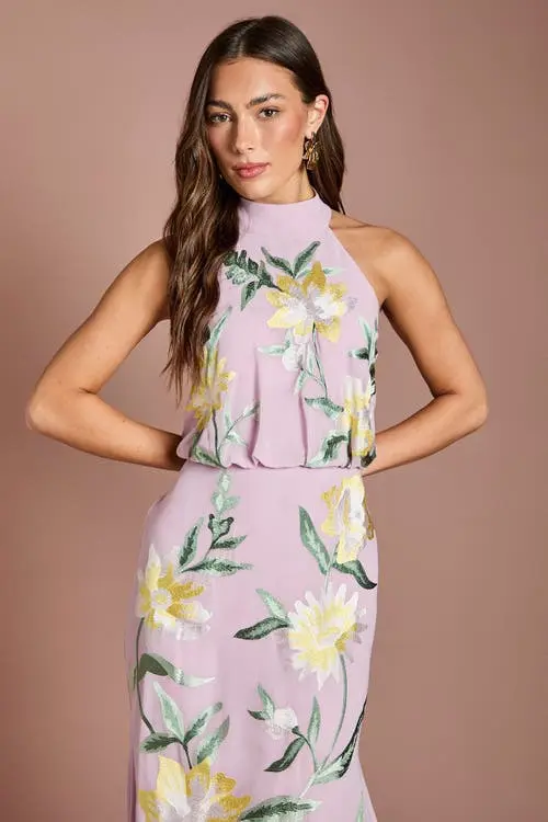 Coast Floral Embroidered High Neck Midi Dress