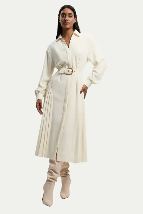 Karen Millen Tailored Crepe Belted Pleated Midi Shirt Dress - Ivory