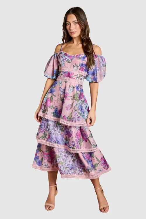 Coast Printed Organza Lace Cold Shoulder Midi Dress - Pink