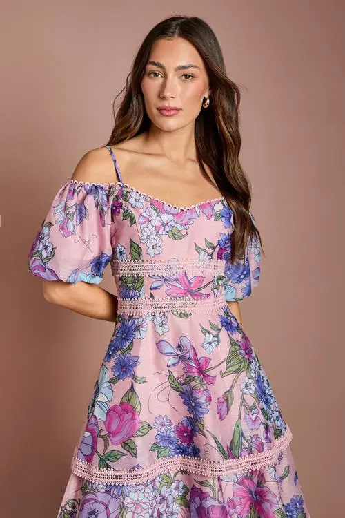 Coast Printed Organza Lace Cold Shoulder Midi Dress