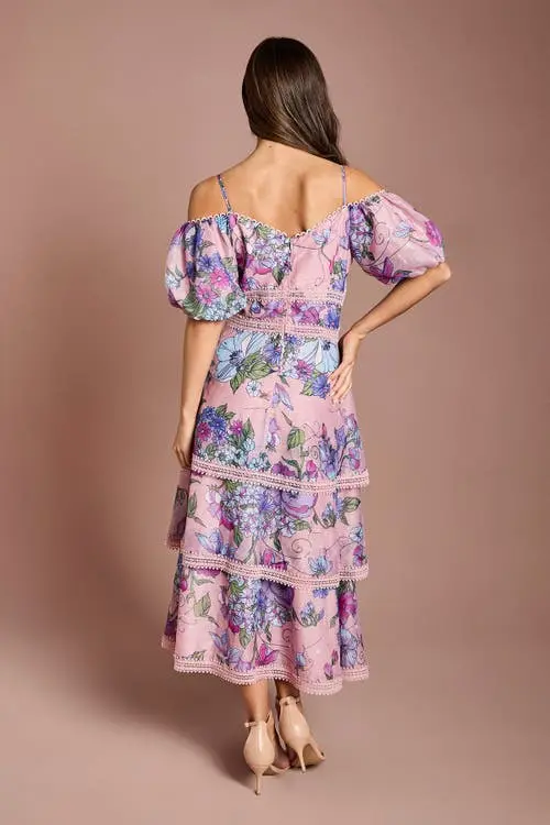 Coast Printed Organza Lace Cold Shoulder Midi Dress