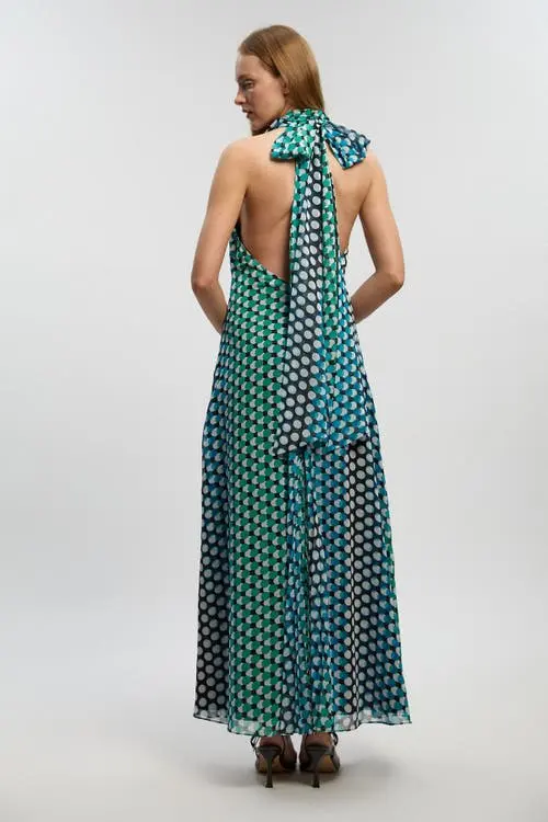 Karen Millen Polka Dot Halterneck Pleated Maxi Dress