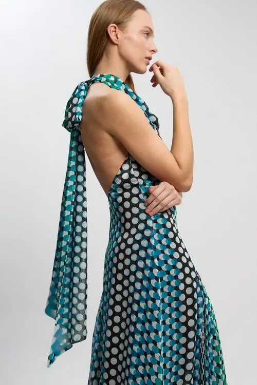 Karen Millen Polka Dot Halterneck Pleated Maxi Dress
