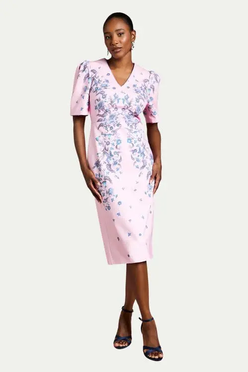 Coast Puff Sleeve Floral Cotton Pencil Dress - Lilac