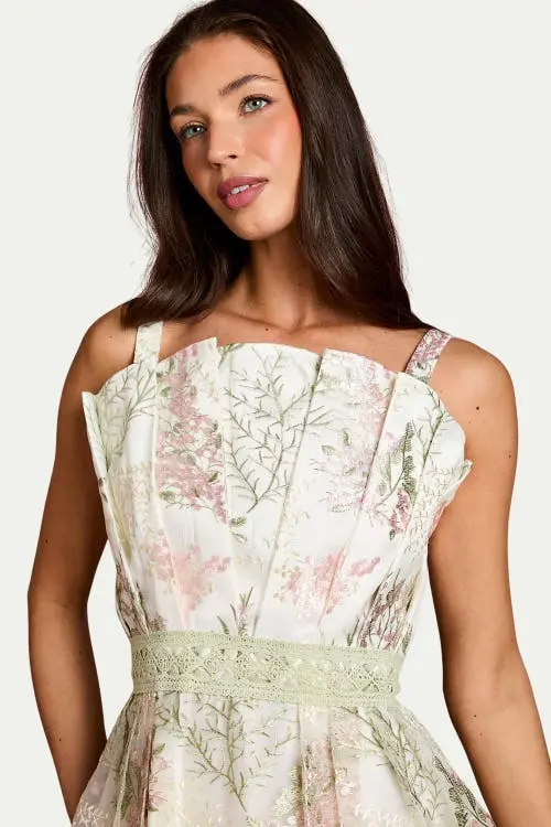 Coast Embroidered Fan Bodice Mesh Midi Dress