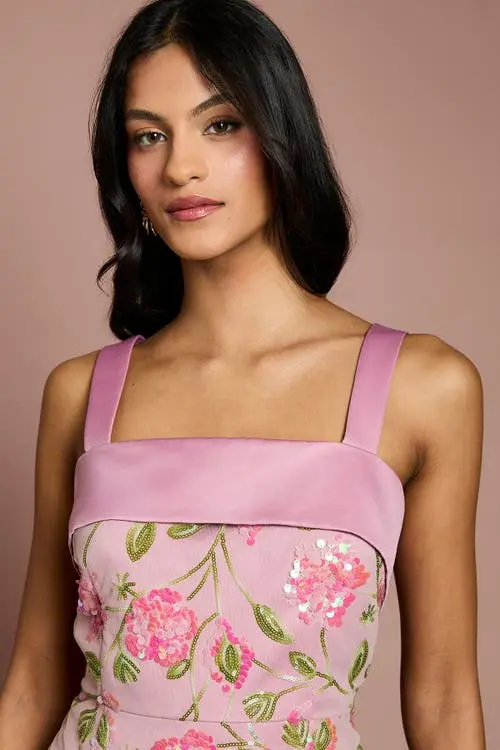 Coast Petite Sequin Floral Square Neck Pencil Dress