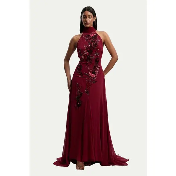 Karen Millen Embellished Halterneck Maxi Dress - Wine
