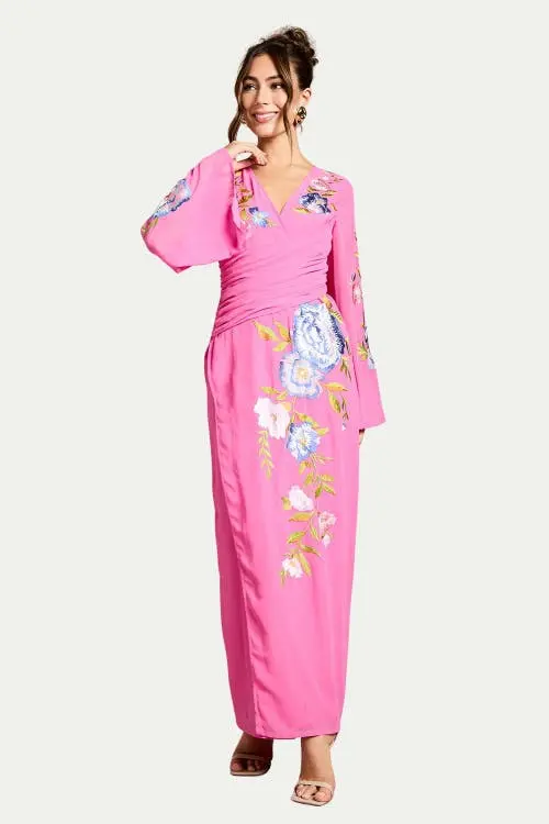 Coast Embroidered V-neck Wrap Dress - Hot Pink