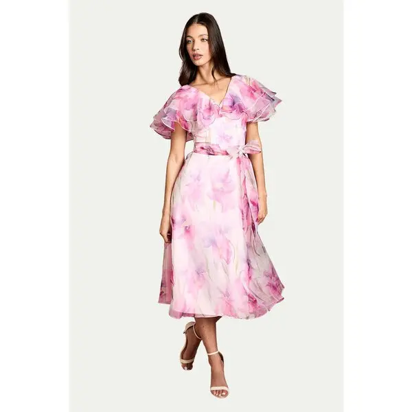 Coast Printed Organza Ruffle Sleeve Midi Dress - Pink