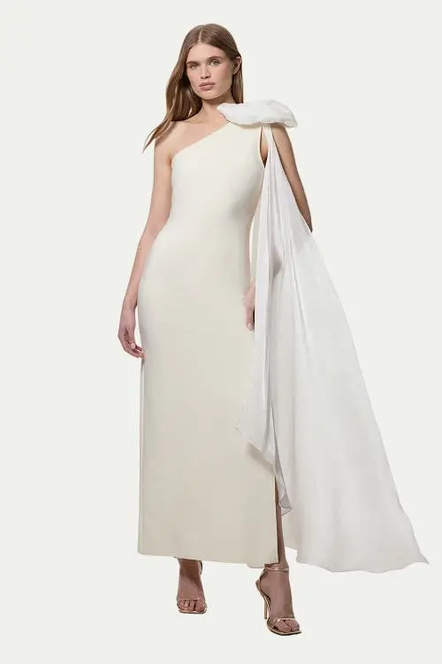 Karen Millen One-shoulder Bow Cape Detail Maxi Dress - Ivory