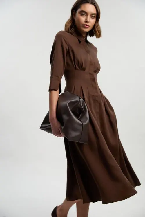 Karen Millen Tailored Linen Darted Waist Midi Dress - Chocolate