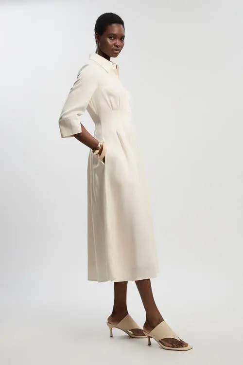 Karen Millen Tailored Linen Darted Waist Midi Dress - Ivory