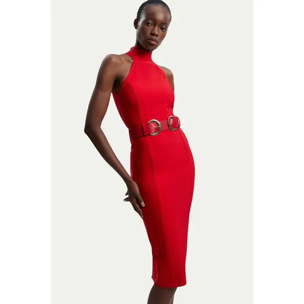Karen Millen High Neck Buckle Trim Midi Dress - Red