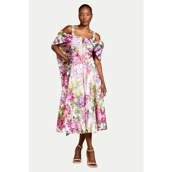 Coast Organza Bardot Midi Dress With Puff Sleeves - Pink