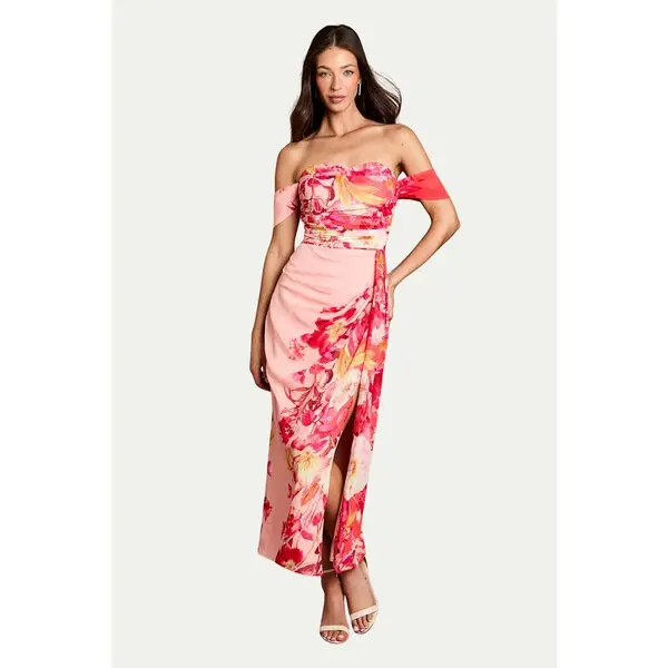 Coast Floral Print Drape Chiffon Dress - Coral