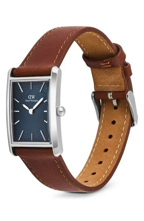 DANIEL WELLINGTON Rectangular Tank Leather Strap Watch - Silver-tone