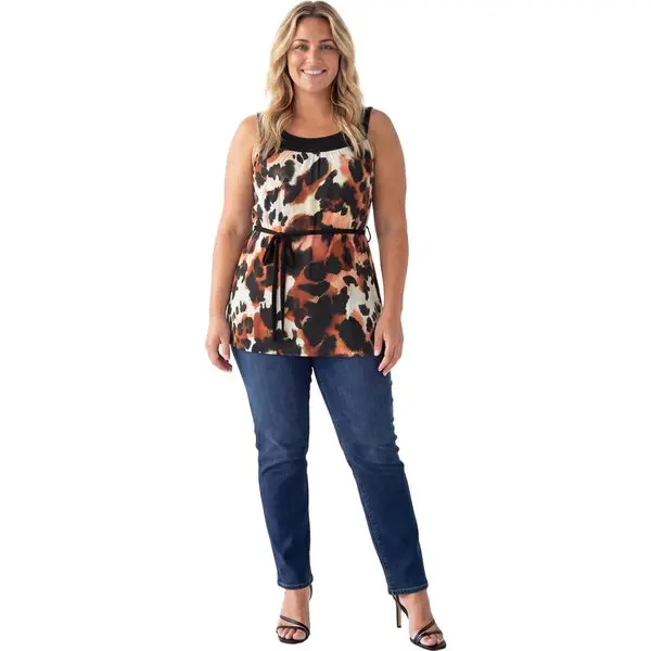 24SEVEN COMFORT APPAREL Curvy Essential Cheetah Print Scoop Neck Sleeveless Waist Tie Top - White Multi
