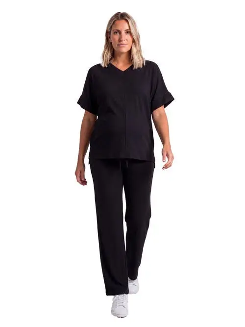 24SEVEN COMFORT APPAREL Maternity Basic Ribbed Knit Dolman Sleeve V-neck Top And Drawstring Wide Leg Pant Set - Black