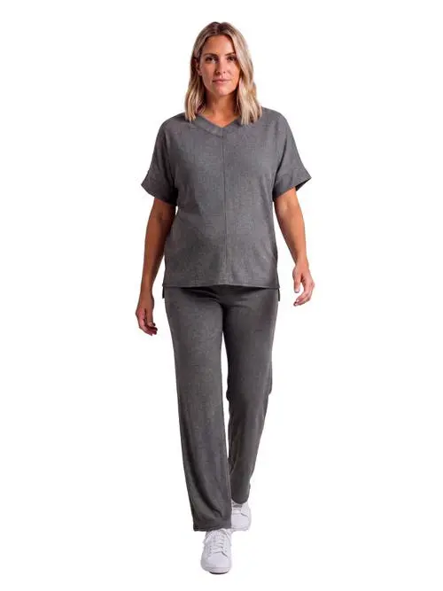 24SEVEN COMFORT APPAREL Maternity Basic Ribbed Knit Dolman Sleeve V-neck Top And Drawstring Wide Leg Pant Set - Smoke