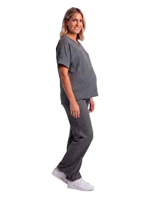 24SEVEN COMFORT APPAREL Maternity Ribbed Knit Dolman Sleeve V-neck Top And Drawstring Wide Leg Pant Set - Smoke