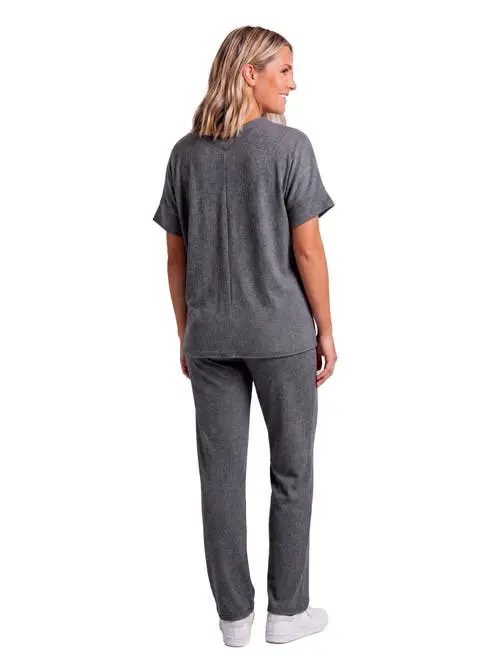 24SEVEN COMFORT APPAREL Maternity Ribbed Knit Dolman Sleeve V-neck Top And Drawstring Wide Leg Pant Set - Smoke