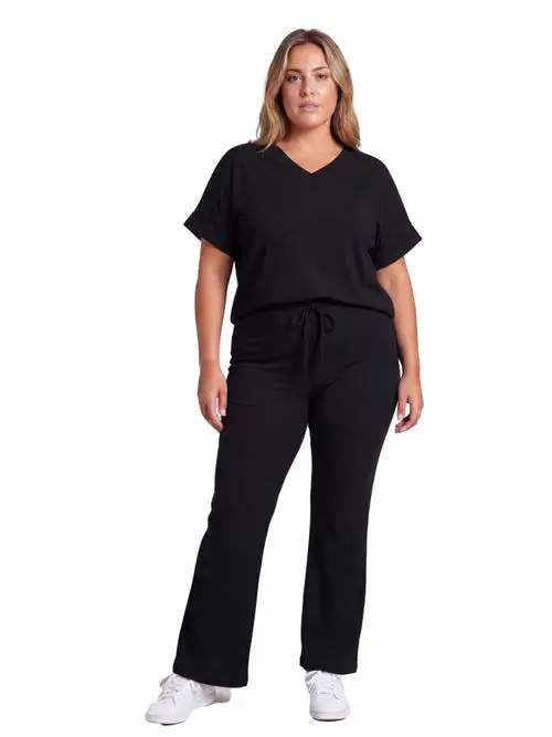 24SEVEN COMFORT APPAREL Curvy Basic Ribbed Knit Dolman Sleeve V-neck Top And Drawstring Wide Leg Pant Set - Black