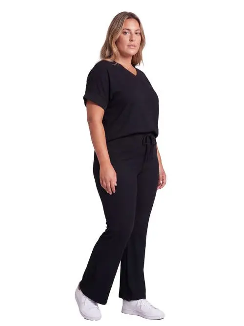 24SEVEN COMFORT APPAREL Ribbed Knit Dolman Sleeve V-neck Top And Drawstring Wide Leg Pant Set - Black