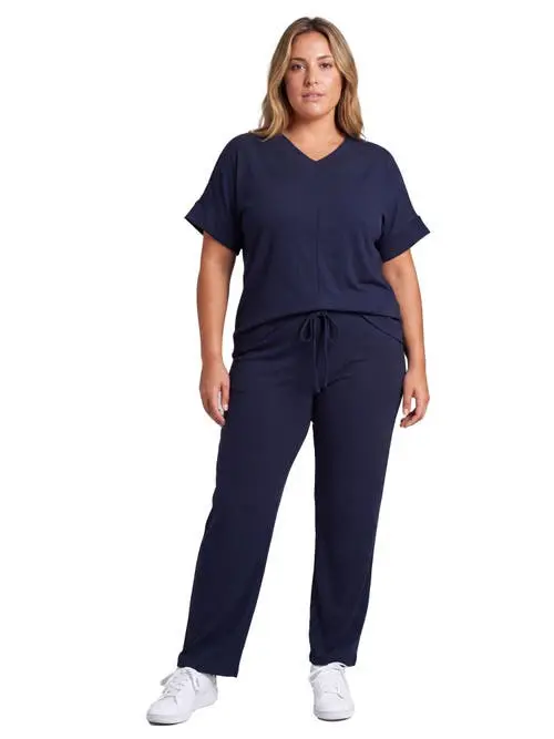 24SEVEN COMFORT APPAREL Curvy Basic Ribbed Knit Dolman Sleeve V-neck Top And Drawstring Wide Leg Pant Set - Navy