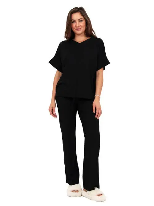 24SEVEN COMFORT APPAREL Basic Ribbed Knit Dolman Sleeve V-neck Top And Drawstring Wide Leg Pant Set - Black