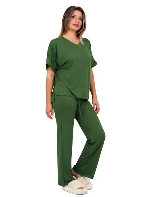 24SEVEN COMFORT APPAREL Ribbed Knit V-neck Dolman Sleeve Top And Drawstring Wide Leg Pant Set - Kiwi