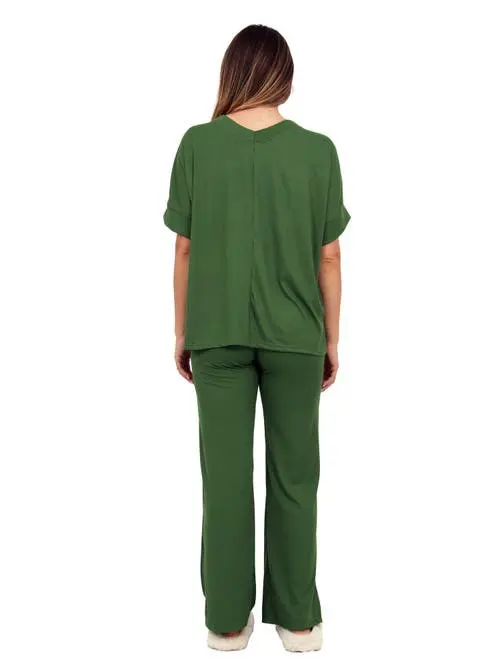 24SEVEN COMFORT APPAREL Ribbed Knit V-neck Dolman Sleeve Top And Drawstring Wide Leg Pant Set - Kiwi