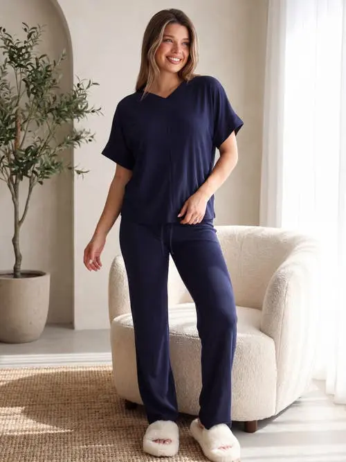 24SEVEN COMFORT APPAREL Ribbed Knit V-neck Dolman Sleeve Top And Drawstring Wide Leg Pant Set - Kiwi