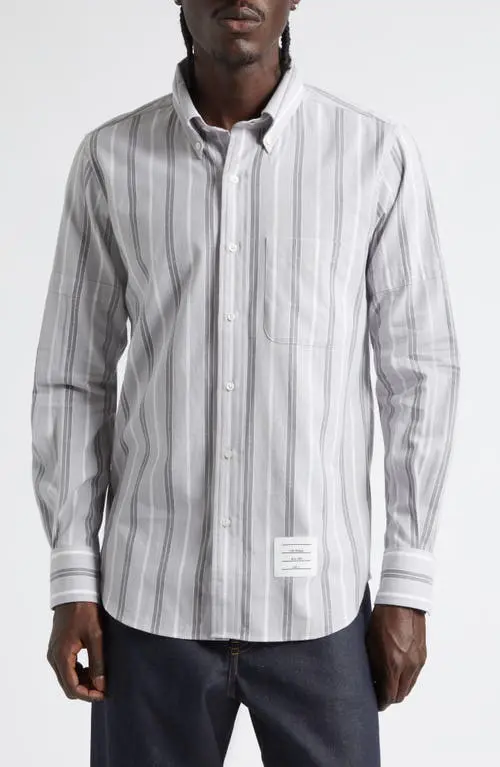 Thom Browne Straight Fit Stripe Cotton Button-down Shirt - Medium Grey